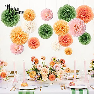 NICROHOME Baby Shower Decorations, 16PCS Sage Green, Bright Orange Tissue Paper Pom Poms for Birthday, Wedding, Spring Summer Party