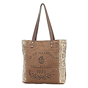 Myra Bags 1933 Upcycled Canvas Tote Bag S-0936, Tan, Khaki, Brown, One_Size