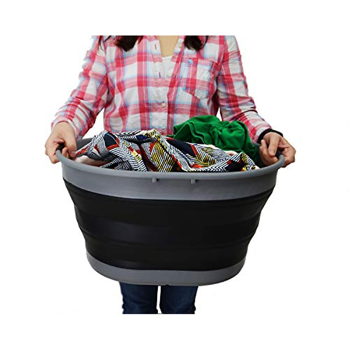 SAMMART 25L(6.6 Gallon) Collapsible Plastic Laundry Basket-Oval Tub/Basket-Foldable Storage Container-Portable Washing Tub-Space Saving Laundry Hamper, Water Capacity 20L(5.28 Gallon)(2, Grey/Black)