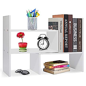 Hossejoy Wood Adjustable Desktop Storage Organizer Display Shelf Rack, Office Supplies Desk Organizer,White