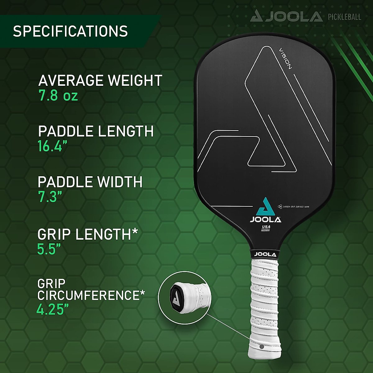 JOOLA Vision Pickleball Paddle with Textured Carbon Grip Surface Technology for Maximum Spin and Control with Added Power - Polypropylene Honeycomb Core Pickleball Racket 16mm