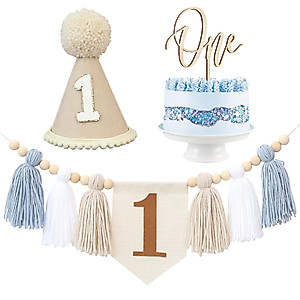 1st Birthday Highchair Banner Decorations For First Boys Khaki Cone Hat With One Cake Topper Photo Backdrop