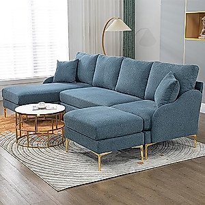 110" Modular Sectional Sofa with Ottoman, Modern U Shaped Convertible Upholstered Sofa Couch with 2 Pillows, 4-Seat Oversized Comfy Couch Set for Living Room, Bedroom, Office, Blue Couch