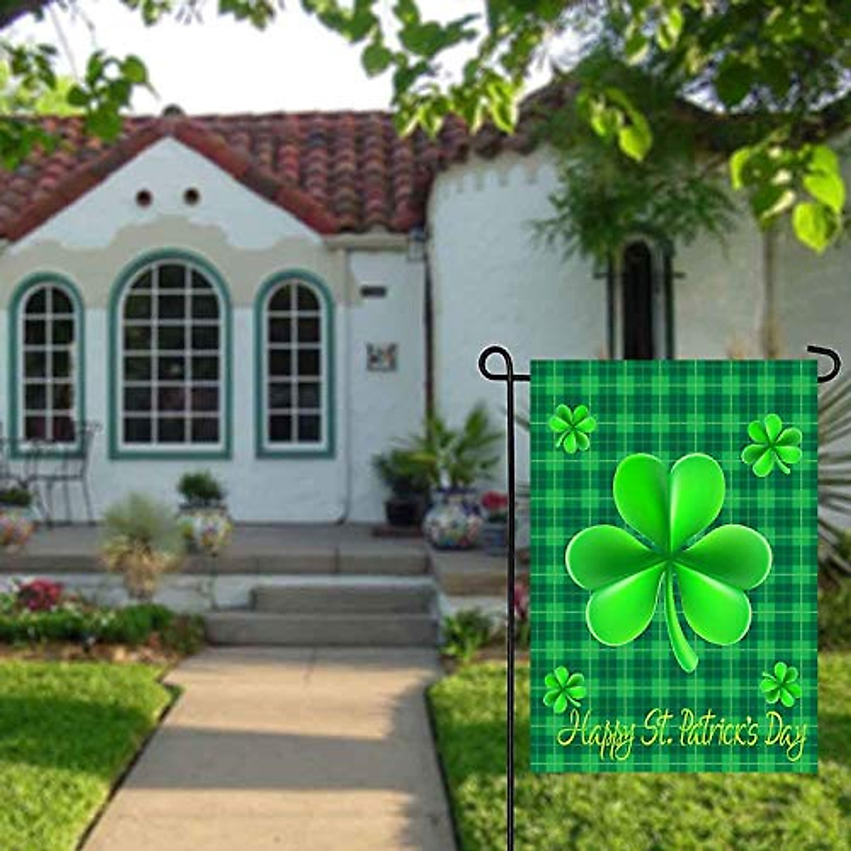 WENWELL Happy St Patricks Day House Garden Flags,Shamrock Buffalo Check Plaid Rustic Burlap Yard Sign Decorations,Spring Banners for Outdoor 12 x 18 Inch Double Sided (Green)