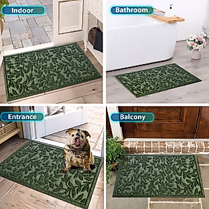Bulijojo Outdoor Indoor Entrance Doormats,Durable Heavy Duty Welcome Mat,Thick Absorbent Natural Rubber Non Slip Mat,Easy Clean Entryway Rug 17x30 Inch Leaves Green