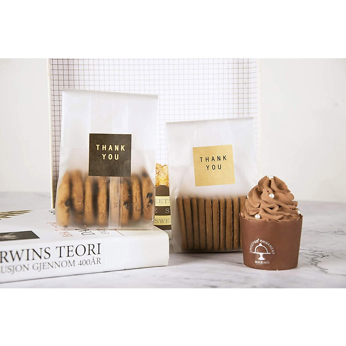 LOKQING 100 PCS Resealable Mylar Bags 4.9x7.9 Inches and 100 Pcs Translucent Plastic Cookie Bags with Stickers