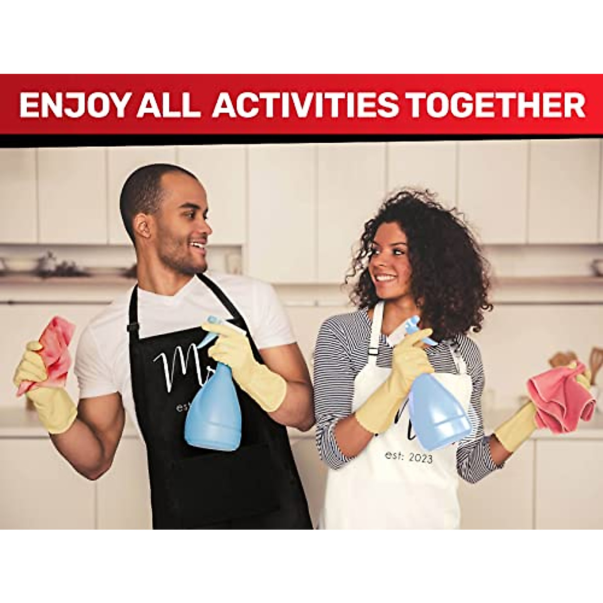 Prazoli His and Her Aprons - Mr Mrs Established 2023 Couples Engagement Gift, Cute Bridal Shower Gift Anniversary Wedding Registry Items & Decoration, Housewarming Gifts For New Home Newlywed Gift