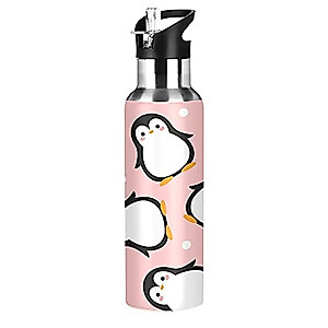 Cute Animal Penguin Kids Water Bottle Thermos with Straw School Vacuum Insulated Stainless Steel Thermos Bottle Cup Leakproof Sport Travel Cup Mug Handle for Girls Women Biking 20 OZ