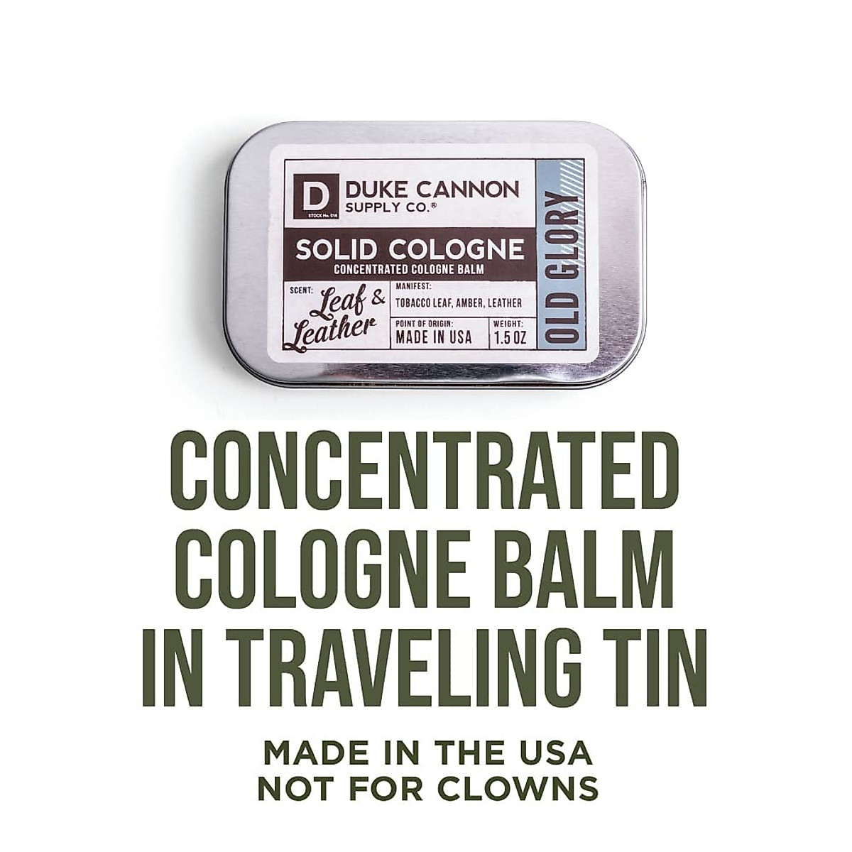 Duke Cannon Solid Cologne - Old Glory Premium Concentrated Cologne Balm, Fresh Tobacco, Amber, and Leather Scent, 1.5 oz. Travel Tin