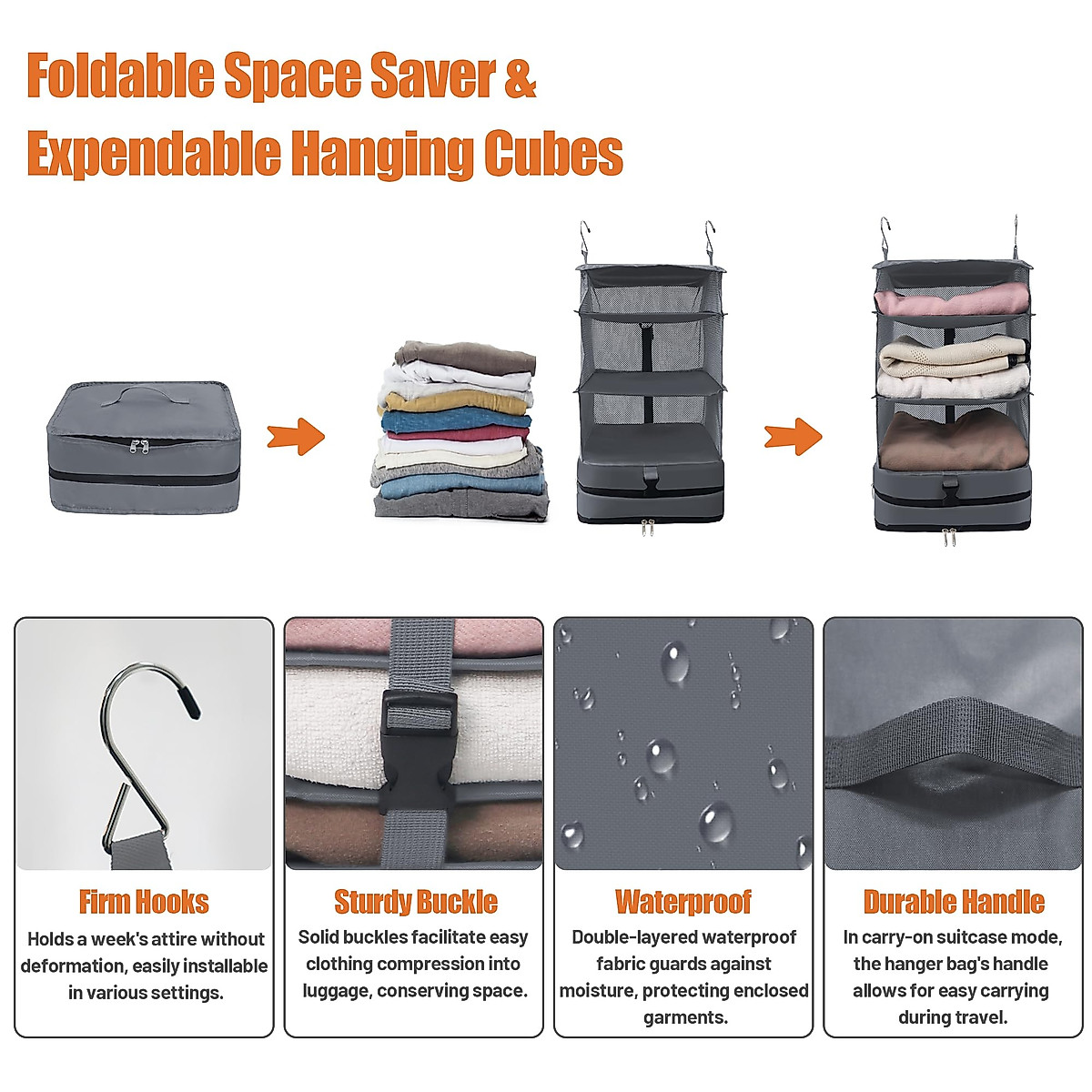 Caroeas Portable Hanging Travel Shelves Bag Suitcase Organizer Carry-on Closet Packing Cubes for Travel, 4-Shelf Suitcase Closet with 2 Hooks, Large Capacity, Gray