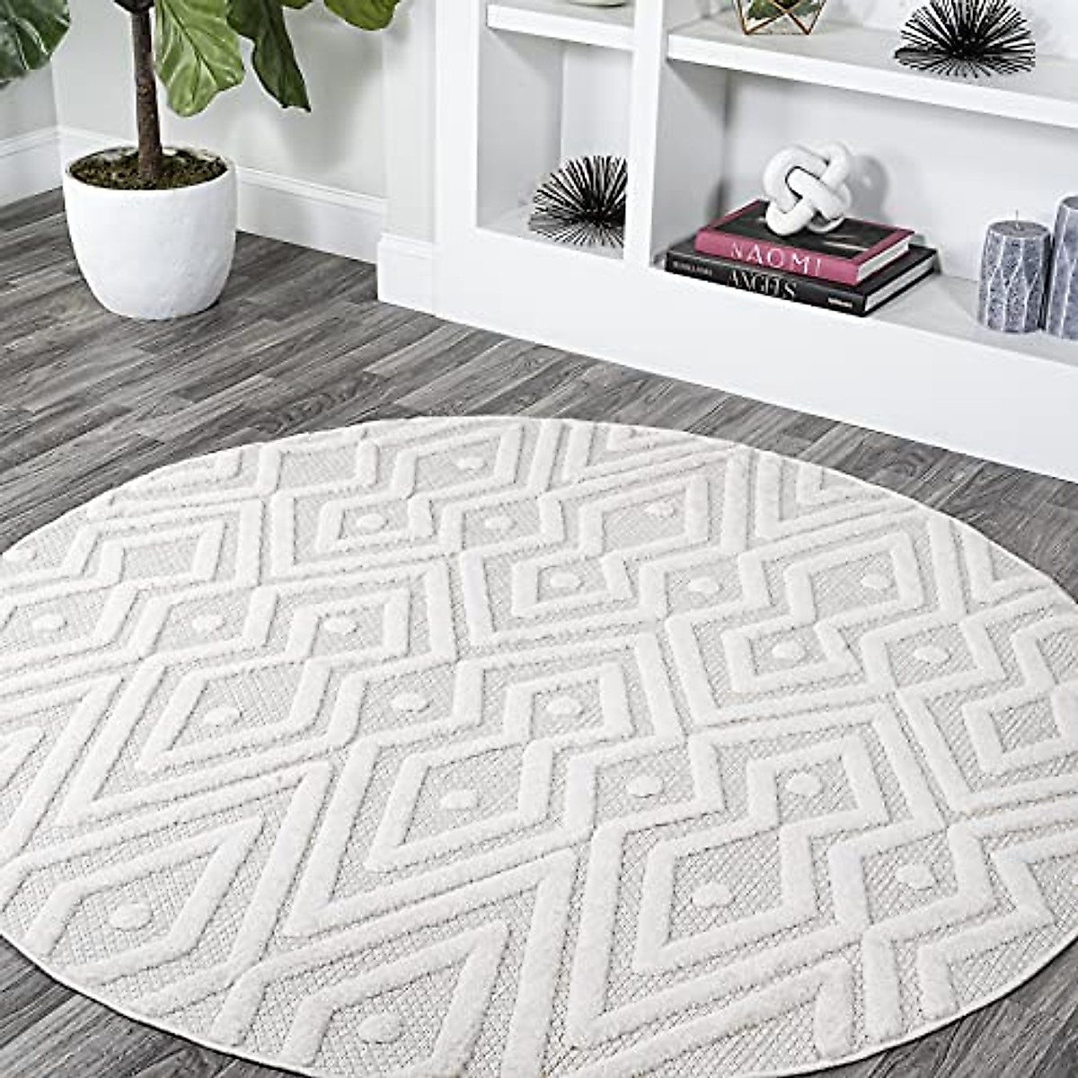 JONATHAN Y IBZ100D-5R Balansat Moroccan Diamond Indoor Outdoor Area-Rug Bohemian Geometric Easy-Cleaning Bedroom Kitchen Backyard Patio Porch Non Shedding, 5' Round, Ivory