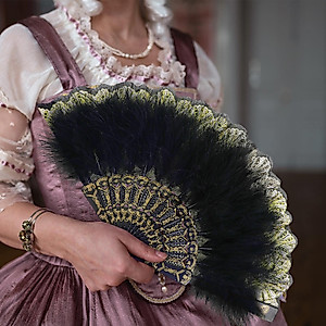 2 Pieces Feather Hand Fan Embroidered Flower Marabou Feather Fan 1920s Feather Fan Hand Fan Folding Hand Fan Drag Queen Fan for 20s Women Costume Party Dancing Photoshoot Wedding Decor (Black)