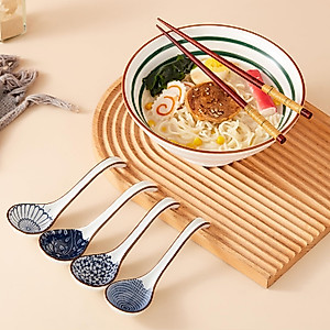 Wzyyee Asian Soup Spoons Set, Ceramic Soup Spoon Japanese Pho Miso Ramen Curries Spoons,Chinese Large Spoons Soup for Woton Noodles Dumpling Rice, Korean Long Handle Soup Spoon, 4 Pcs