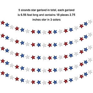 4th of July Decorations, 5 Strands Red White and Blue Star Garland Banner Memorial Day Decorations Patriotic Decorations Party Supplies for Labor Day, Independence Day, Veterans Day Celebration