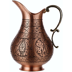 DEMMEX The Pitcher, 1mm Solid Copper Handmade Engraved Copper Pitcher Vessel Ayurveda Jug for Drinking Water, Moscow Mule, Cocktail (Matte-Engraved)