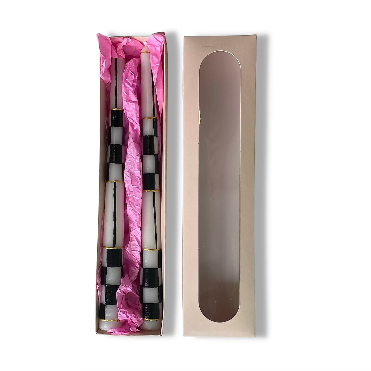 0 Handmade Decorative Hand Painted Taper Candles, 2 Pack | Checkered Black & White | for Dinner Table and Interior Decoration