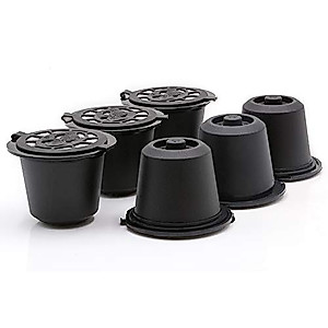 i Cafilas 6 Reusable Capsules Pods Refillable Coffee Capsule Filter Compatible Nespresso coffee machines with Coffee Spoon brush (6, Black)