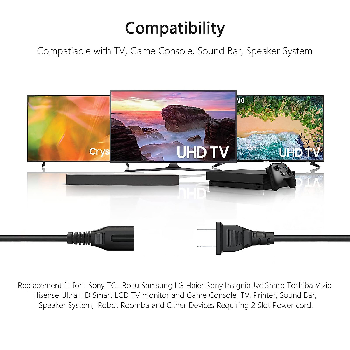 10 Feet 2 Prong AC Power Supply Cord Compatible with Sony TCL Roku Samsung LG Haier Sony Insignia Jvc Sharp Toshiba Vizio Hisense Ultra HD Smart LCD TV Monitor 2 Prong Power Supply Cable
