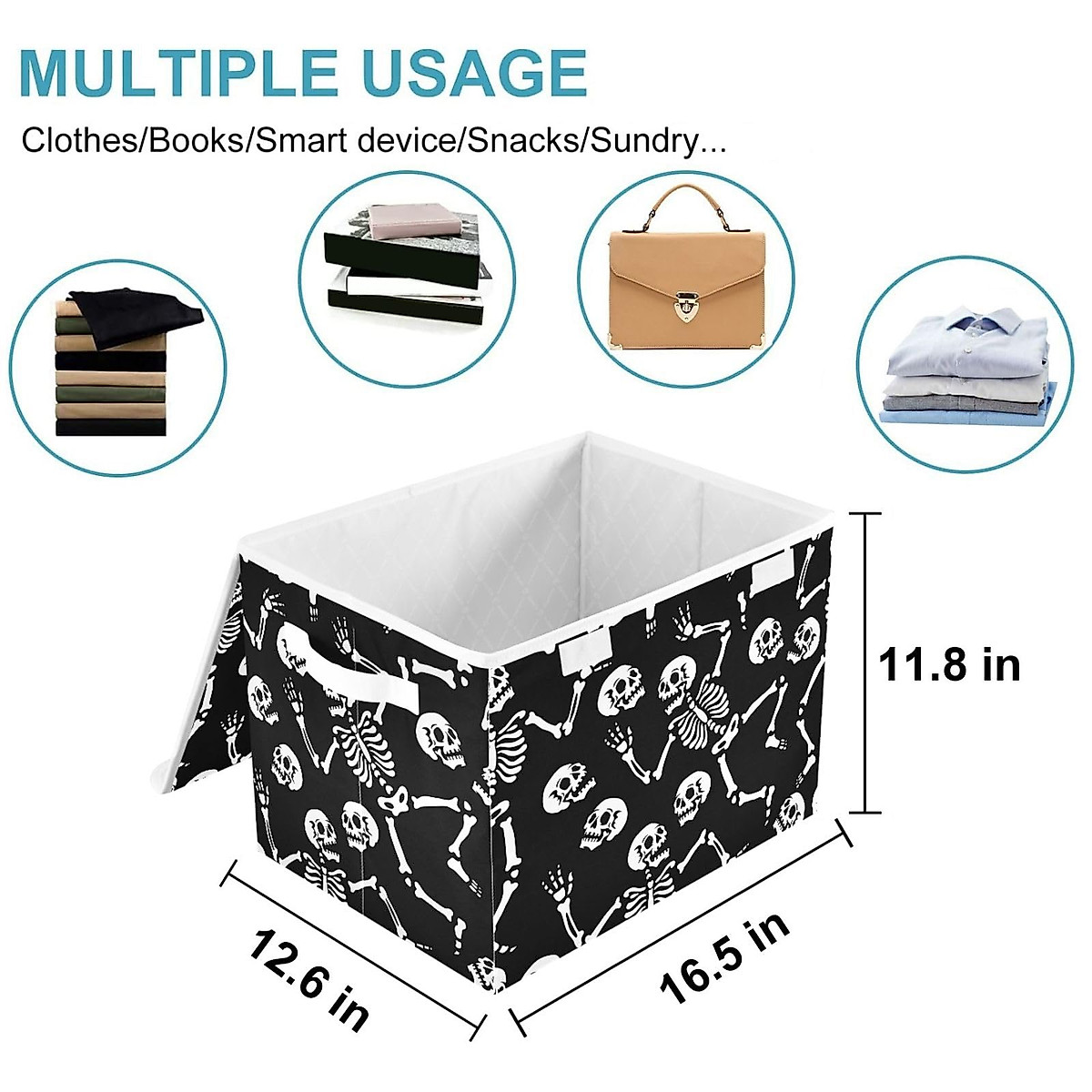 CaTaKu Skull Black Storage Bins with Lids,Halloween Fabric Large Storage Container Cube Basket with Handle Decorative Storage Boxes for Organizing Clothes Shelves