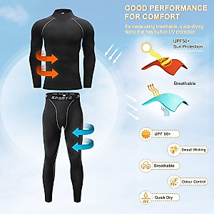 Thermal Underwear for Men Hunting Ski Base Layer Men Cold Weather Fleece Lined Long Johns for Men Turtleneck Thermal Compression Shirts for Men Top and Bottom Underlayer Set,Quick Dry 32375 Black L