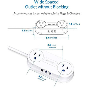 Small Power Strip with 3 USB Ports, BESTEK 2 Outlet Portable Plug Strip Charging Station with Adhesive Sticker, 5 Ft Extension Cord, Ultra-Compact for Cruise Ships, Dorm Room,Travel, Bedside, Office