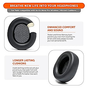 WC Upgraded Replacement Earpads for Steelseries Arctis Nova Pro Wireless Made by Wicked Cushions | Improved Durability, Thickness, Softer Leather, and Sound Isolation | Black