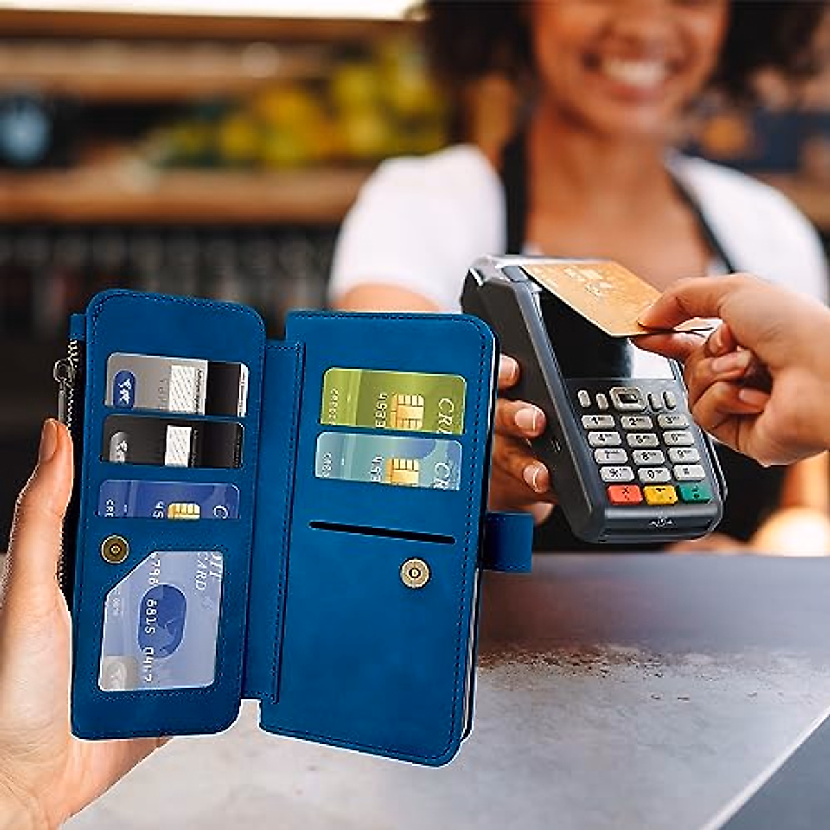 ZIULQIK for Samsung Galaxy Z Fold 5 Case, PU Leather Z Fold 5 Wallet Cases with S Pen Holder & Wrist Crossbody Strap & Card Holder Blue