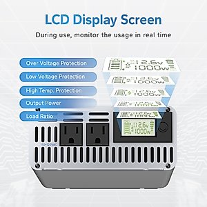 Redodo Pure Sine Wave Inverter 1000W Convert DC 12V to AC 110V, Monitoring Screen Showing Real-Time Status, for Off-Grid Solar Power System, RV, Home Backup Power
