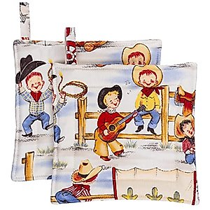 Little Cowpokes Pot Holders, Set of 2 Cotton Potholders for Western Kitchen Decor