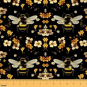 Feelyou Bee Fabric by The Yard 2 Yards Kids Fluffy Bumblebee with Flower Print Decorative Waterproof Outdoor Fabric for Boys Daisy Botanic Upholstery Fabric for Chairs Yellow Black Outdoor Fabric