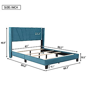 Prohon Bed Frame Queen Size with Velvet Wingback Headboard, Upholstered Platform Bed Box Spring Needed, Silent Design Comfort Bedframe w/Strong Wood Slats Support, Easy to Install, Blue