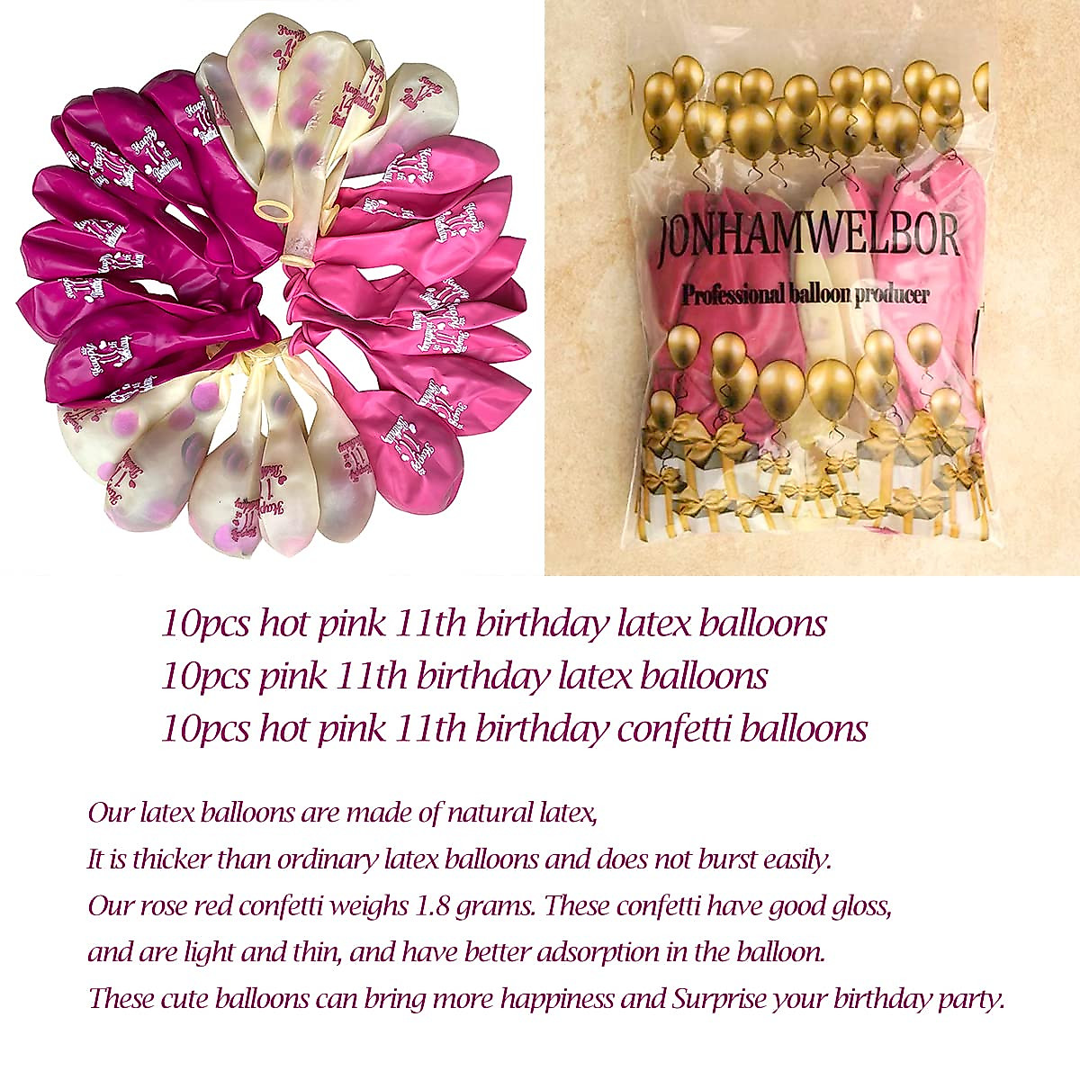 Jonhamwelbor 11th Birthday Latex Balloons Confetti Balloon Pink and Hot Pink Sweet 11th Party Decorations 30 Pcs 12 Inch 11 Number With Happy Birthday Helium Balloon for 11 Year Old Girls