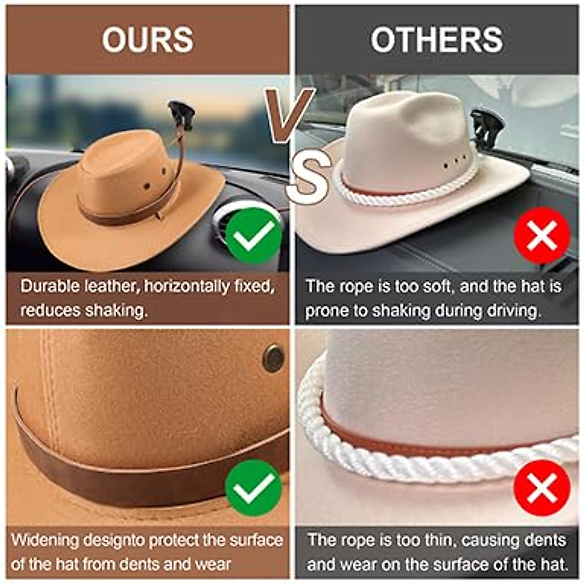 Cowboy Hat Holder for Truck Holder - Keep Your Cowboy Hat Safe While Driving with Our Hat Holder for Truck - The Ultimate Cowboy Hat Rack for Pickup with Strong Suction Cups and Genuine Leather Cord