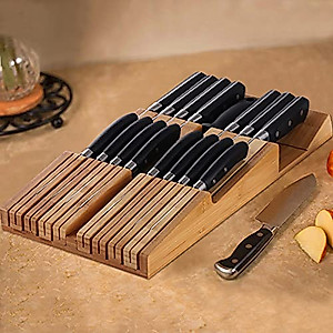 NIUXX Bamboo In-Drawer Knife Block Set for 16 Knives(Not Included), Large Kitchen Detachable Washable Cutlery Slot Organizer Storage Holder for Sharpening Steel and Cutter