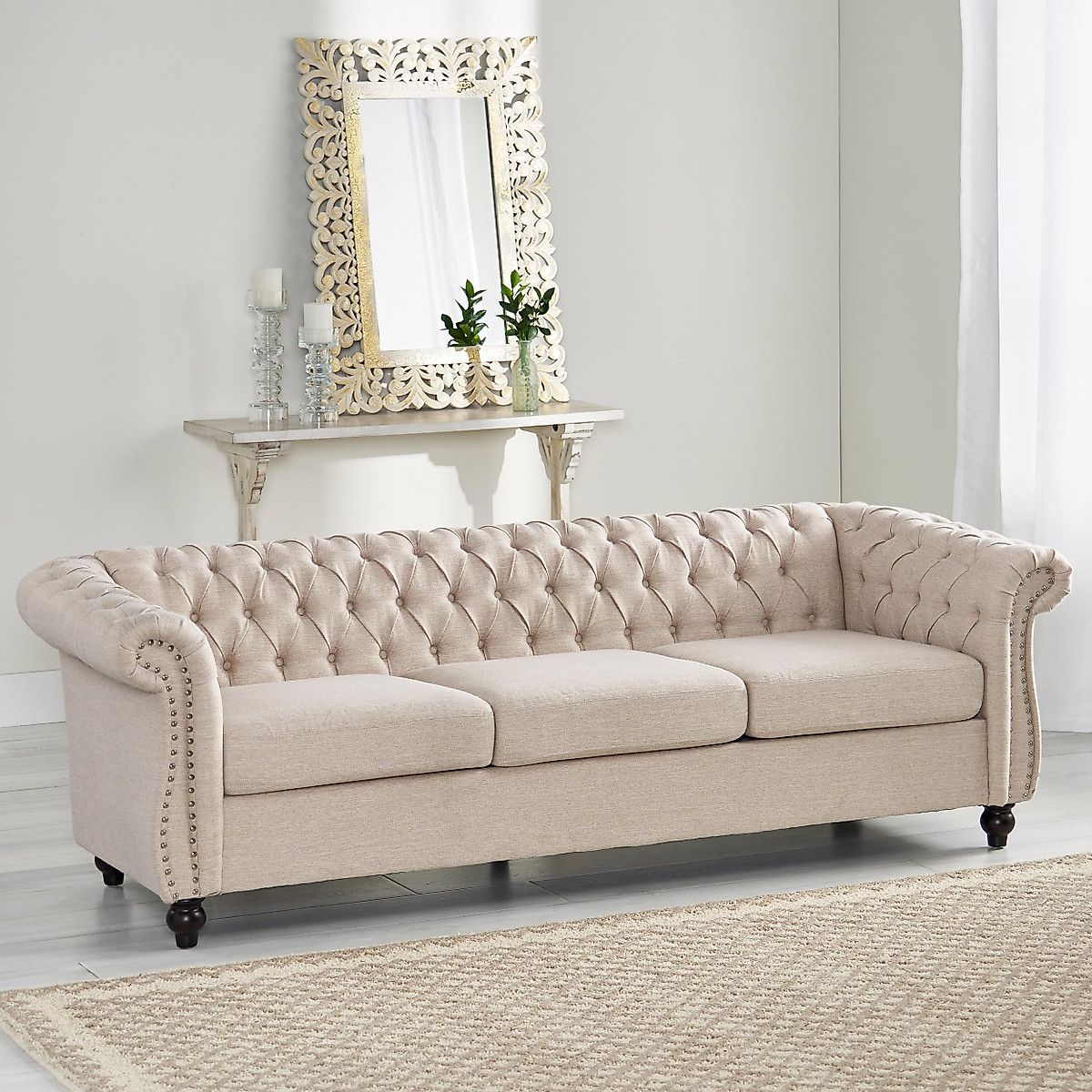 KEIKI 84" Sofa Couch 3-Seater with Button-Tufted Fabric,Mid Century Modern Design Chesterfield Style, Beige