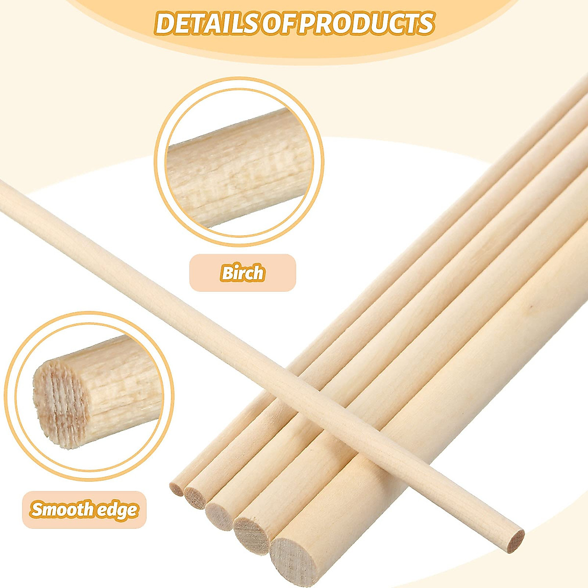 100 Pieces Wood Dowels Assorted Sizes Dowel Rods for Crafting Wood Sticks 1/8, 3/16, 1/4, 5/16, 3/8 x 6 Inch Unfinished Dowel Small Round Hardwood Sticks for DIY Lover Wedding Christmas Ribbon, 5 Size