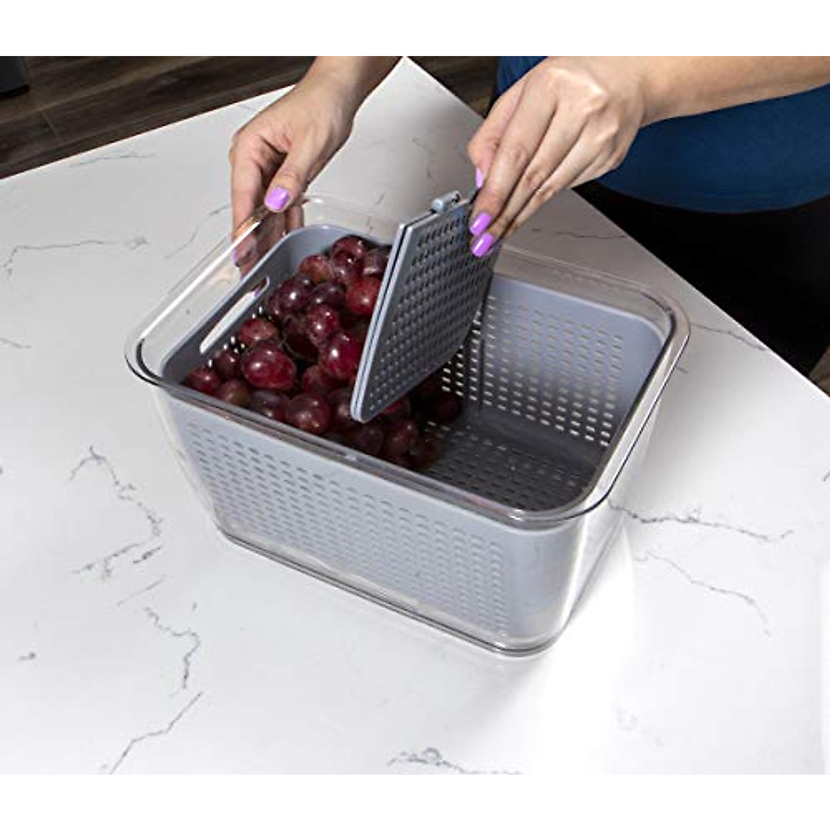 Kitchen Spaces Gray Colander Bin Variety Pack, Fridge Organizers, Produce Storage, Keep Vegetables Fresh, Lettuce, Grape or Strawberry Holder, Three Sizes