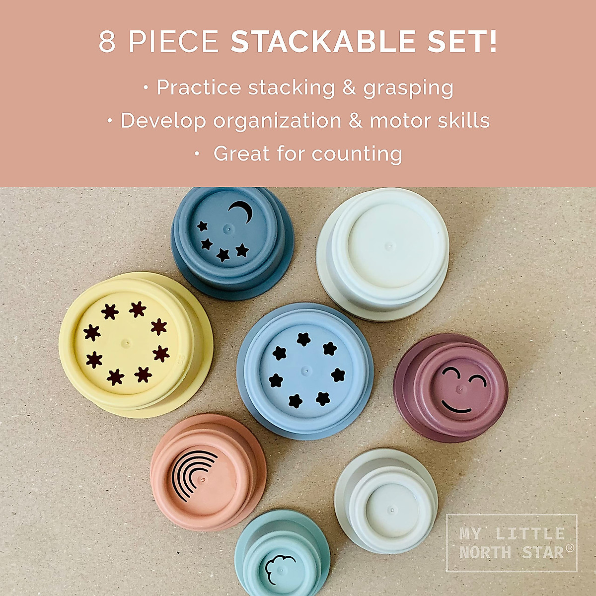 My Little North Star Baby Stacking Cups - (8 Pack) Toddler Stackable Nesting Toy Cup Set with Numbers, Patterns & Pastel Colors - Montessori Infant Fun Educational Bath Toys for Boys & Girls Toys