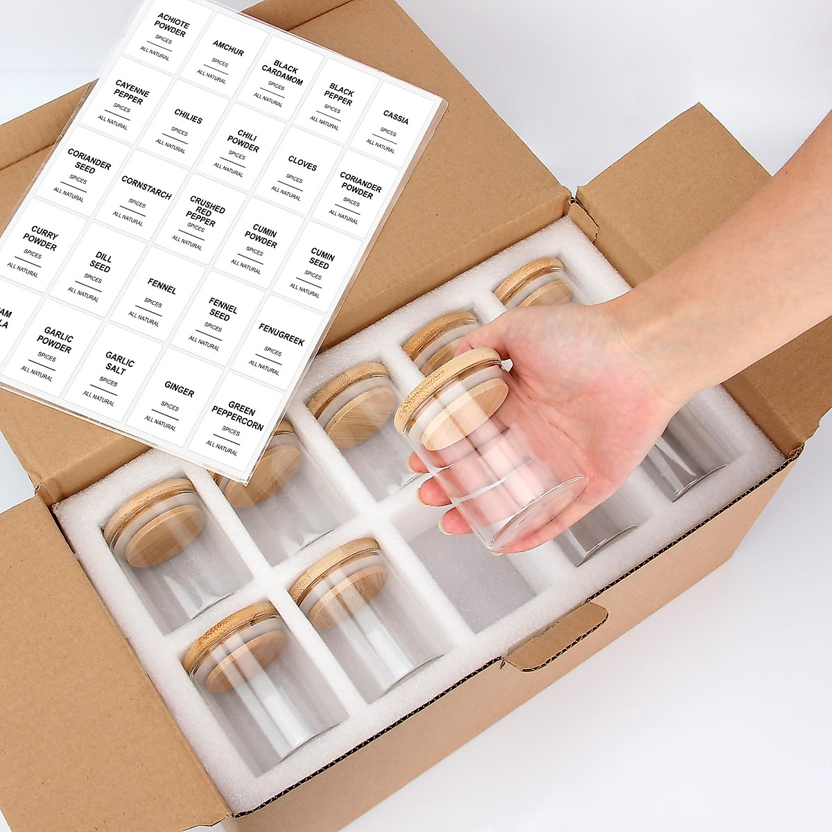 JuneHeart 4OZ Glass Spice Jars Set with Bamboo Lids and 194 Labels, 20 Pcs Clear Food Storage Containers for Pantry Kitchen Sugar Salt Coffee Tea Beans