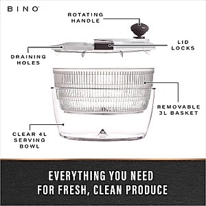 BINO | Salad Spinner - 4.2 Qt | Large Manual Lettuce Spinner with Secure Lid Lock & Built-in Draining System | Salad Spinner with Salad Bowl | Fruit & Vegetable Basket Colander | Kitchen Gadgets