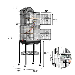 YITAHOME 62 inch Metal Bird Cage, Large Parakeet Cages for Parrot, Cockatiel, Lovebird, Pigeon with Roof Top, Rolling Stand and Hanging Toys