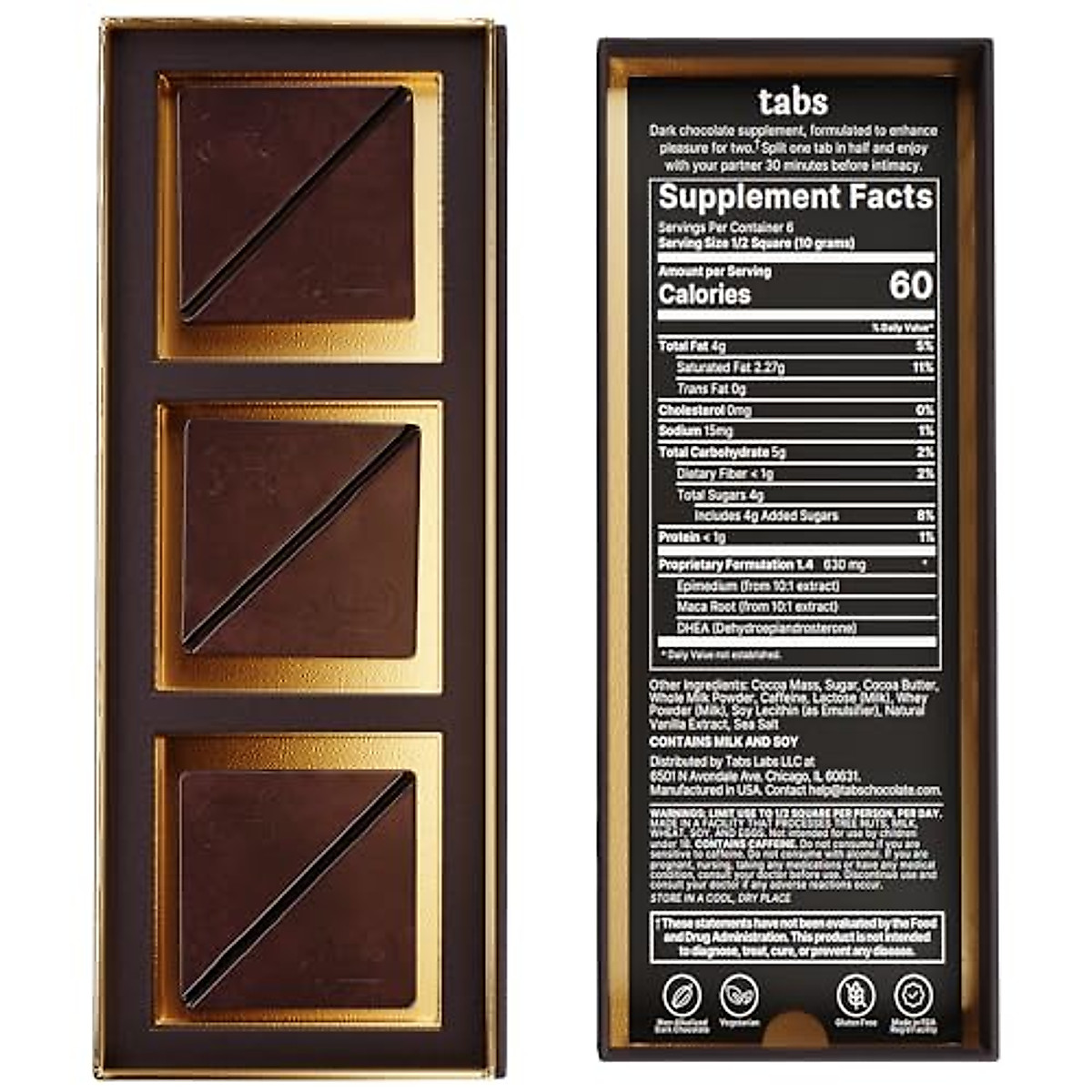 Tabs Chocolate Squares for Couples (1 Box) - Dark Chocolate Bar to Improve Mood - Vegetarian, Gluten-Free for Men & Women
