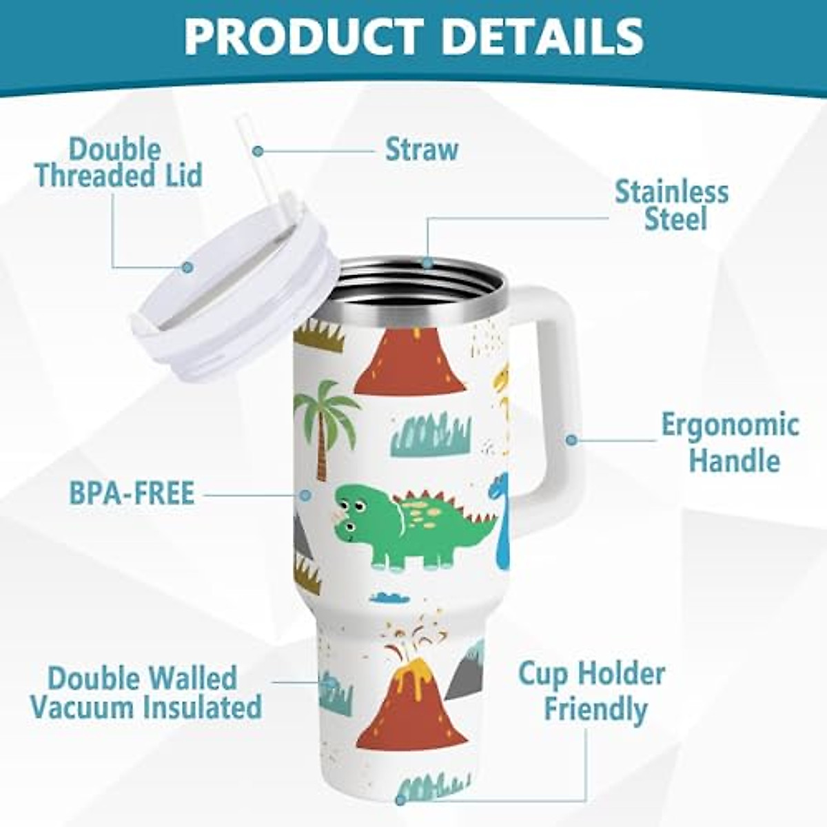 RPLIFE Cute Cartoon Dinosaurs White Coffee Tumbler with Handle, Stainless Steel Bottle, Insulated Cup with Straw, Coffee Tumbler for Women