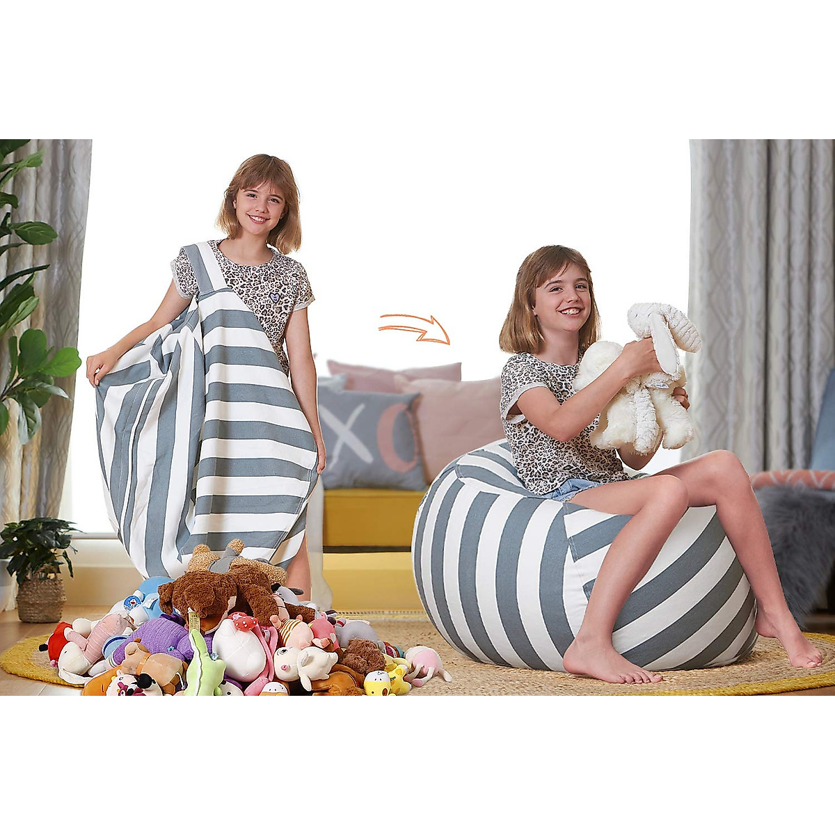 Aubliss Stuffed Animal Storage Bean Bag Chair Cover Only for Plush Toys, Blankets, X-Large 48"-Canvas Stripes Grey
