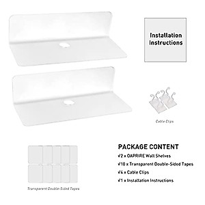 OAPRIRE Acrylic Floating Shelves Set of 2 - Damage Free Expand Wall Space - 9 Inch Adhesive Shelf for Bedroom, Bathroom, Kitchen, Shelves for Wall Decor with Cable Clips (Frosted)