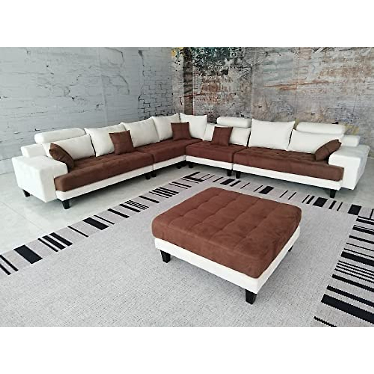 Stendmar 5pc Reversible Multifunction 2-Tone Natrual and Dark Brown Espresso Microfiber Fabric Big Sectional Couch Sofa S150DNE