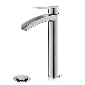 Phiestina Brushed Nickel Tall Bathroom Vessel Sink Faucet, Single Hole Single Handle Waterfall Modern Bathroom Faucet, with Pop Up Drain and Water Supply Line, NS-SF01-BN-V
