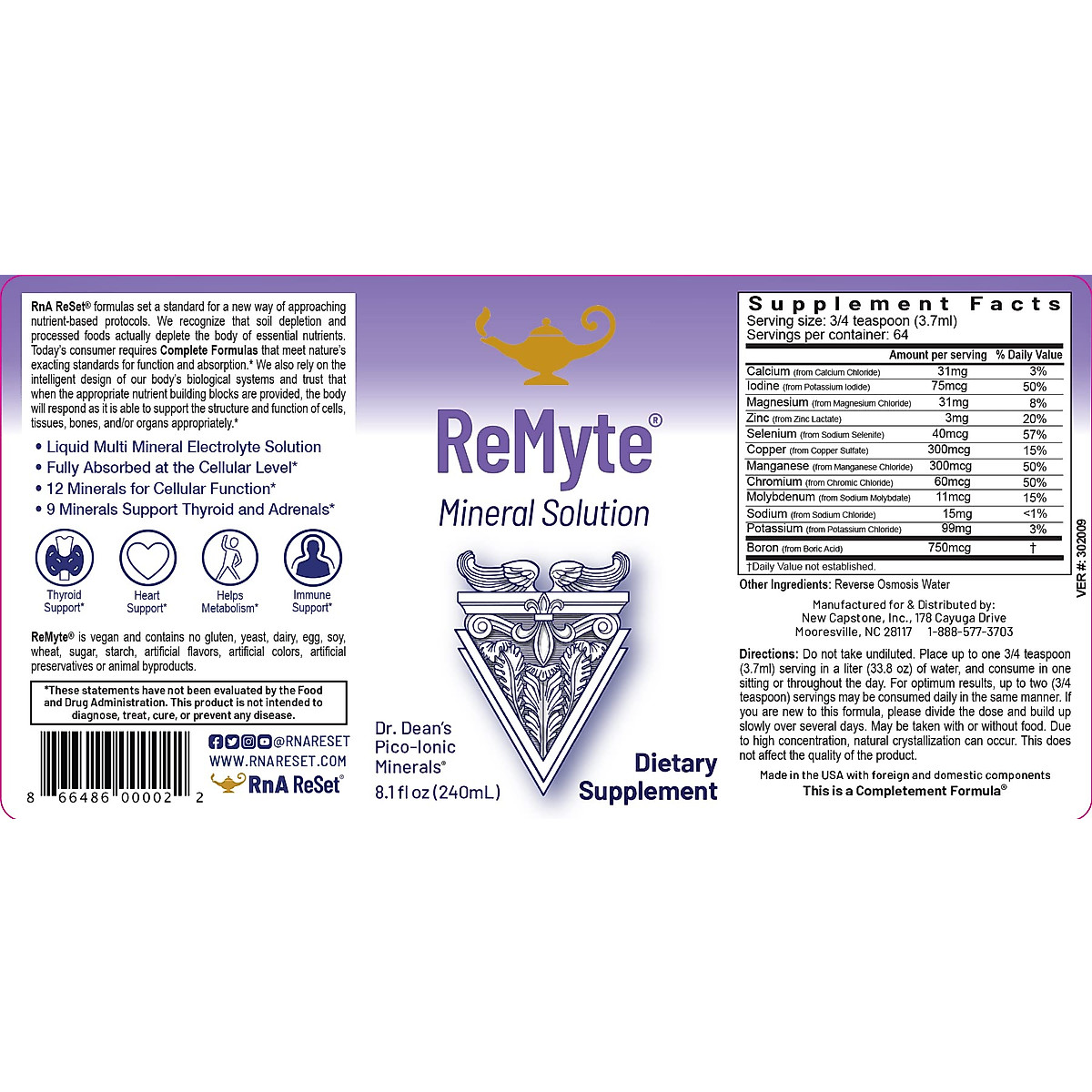 RnA ReSet - ReMyte Mineral Solution, Liquid Multi Mineral, Electrolyte Solution, 12 Minerals Including Iodine, Selenium, Zinc, Magnesium, Boron, 240 ml - by Dr. Carolyn Dean (2-Pack)