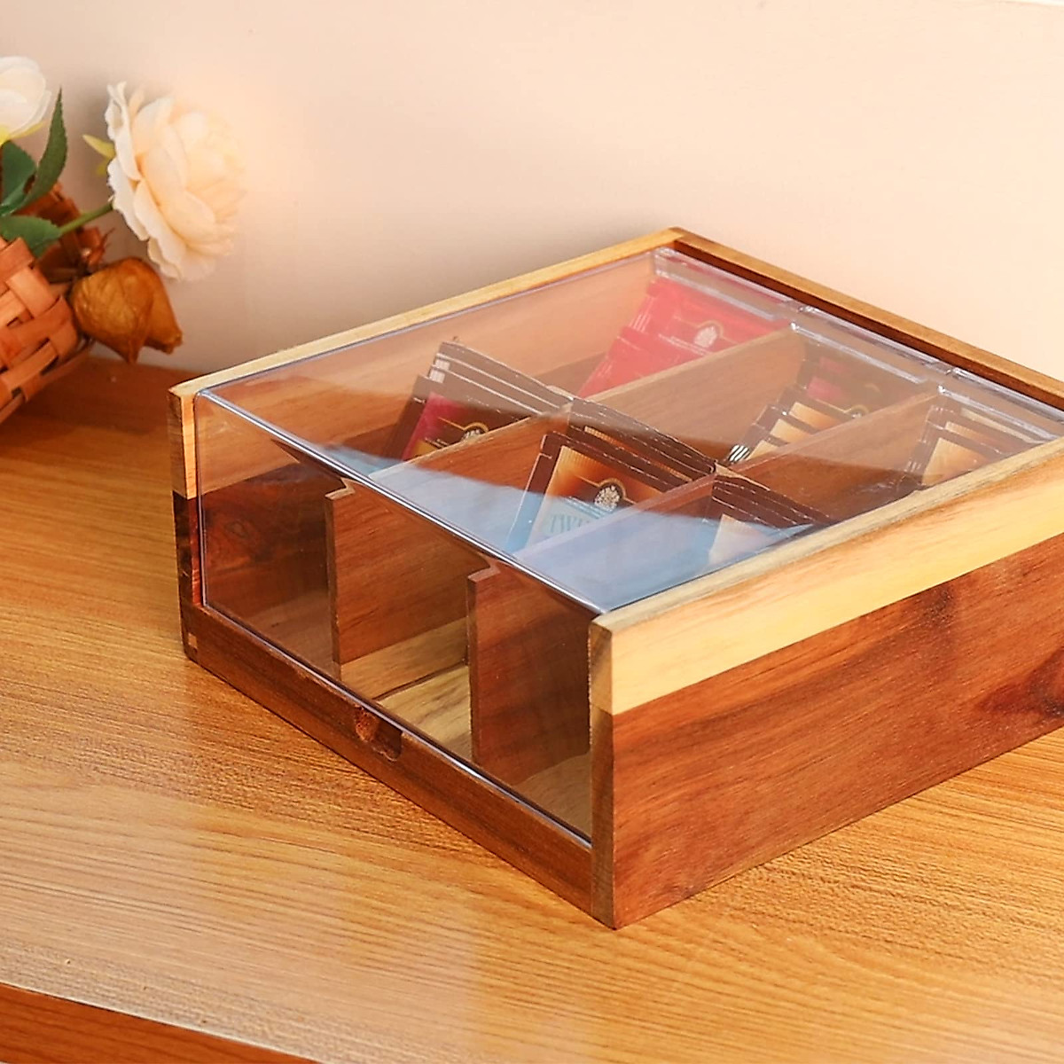 Acacia Wood Tea Bag Organizer Storage, Gift Box 6 Compartments Tea Chest Box with Acrylic Transparent Hinged Lid By HTB