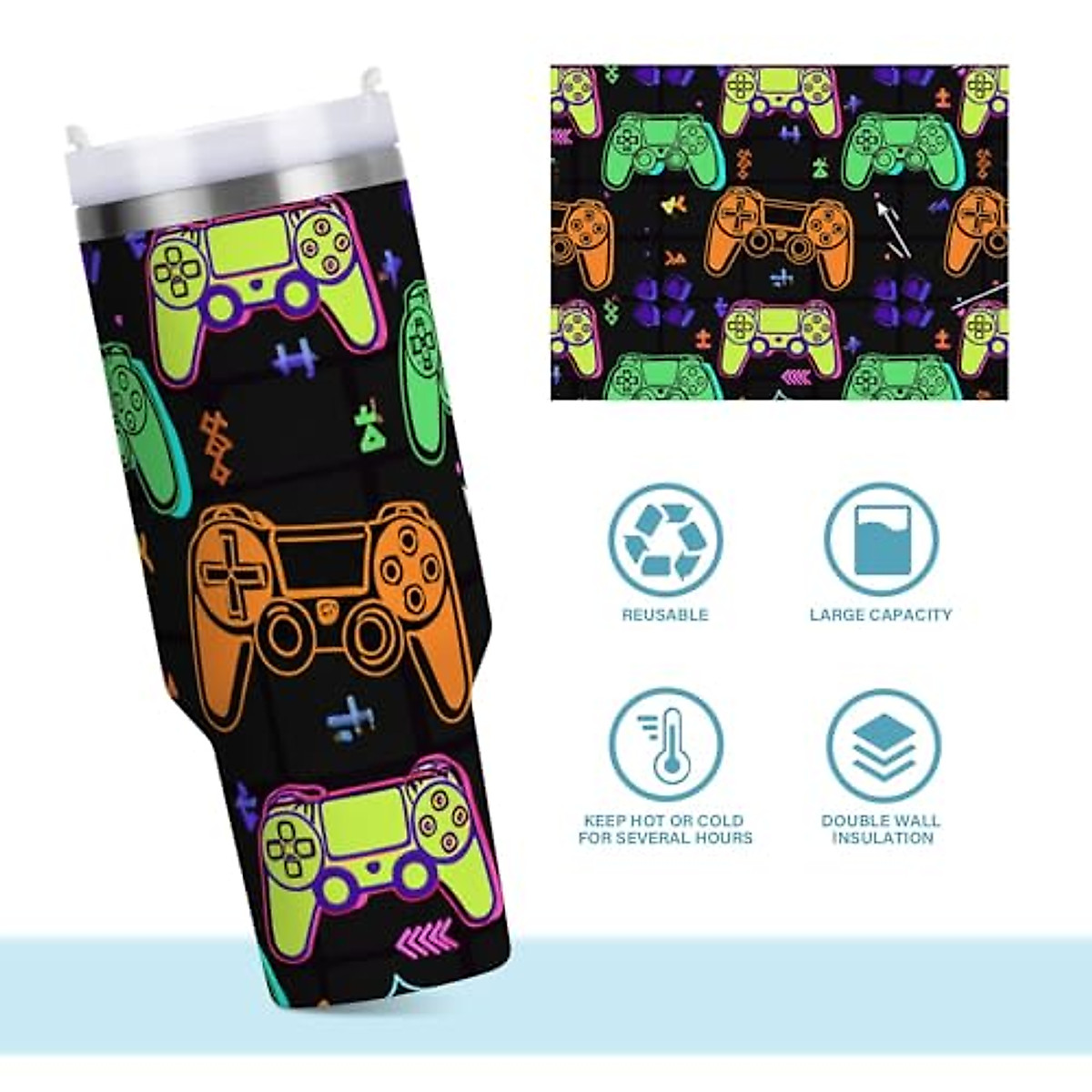 ODAWA 40oz Fall Insulated Tumbler with Straw and Handle, Game Controllers Black Spill Proof Tumbler with Straw Insulated Vacuum Tumbler